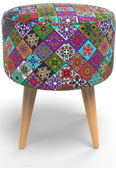 New Old Silindir Puf Masif Iskelet ve Ayaklar Dokuma Kumaş Renkli