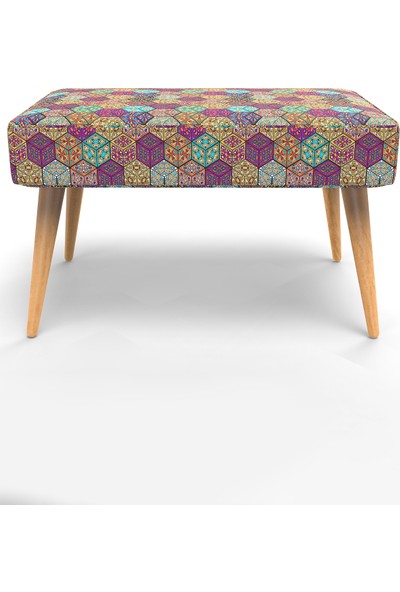 New Old Dikdörtgen Puf Masif Iskelet ve Ayaklardokuma KumaşRenkli Metalik Ipli