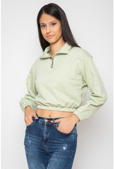 1DEN2YE Kısa Fermuarlı Sweat Açık Yeşil