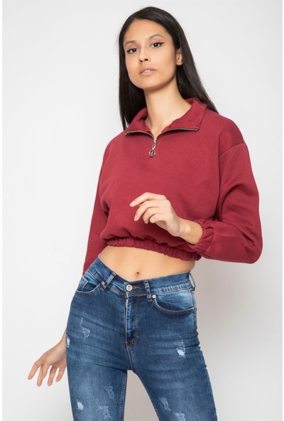 1DEN2YE Kısa Fermuarlı Sweat Bordo