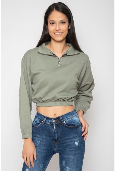 1DEN2YE Kısa Fermuarlı Sweat Koyu Yeşil