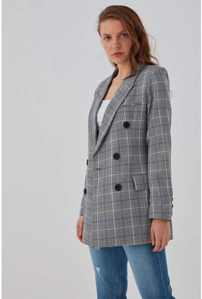 1DEN2YE Ekose Kruvaze Ceket Mavı