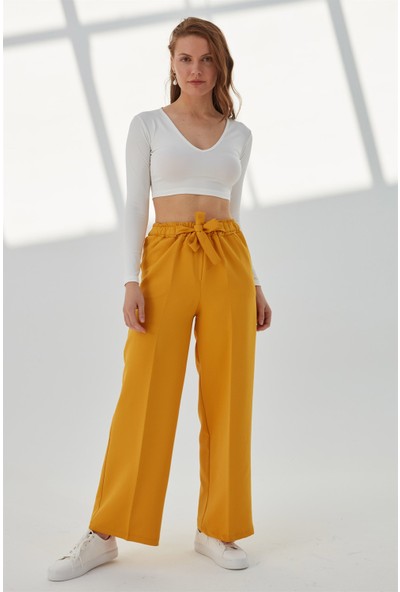 1DEN2YE Geniş Paça Kuşaklı Pan. Sarı
