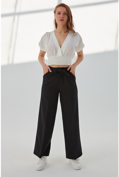 1DEN2YE Geniş Paça Kuşaklı Pan. Siyah