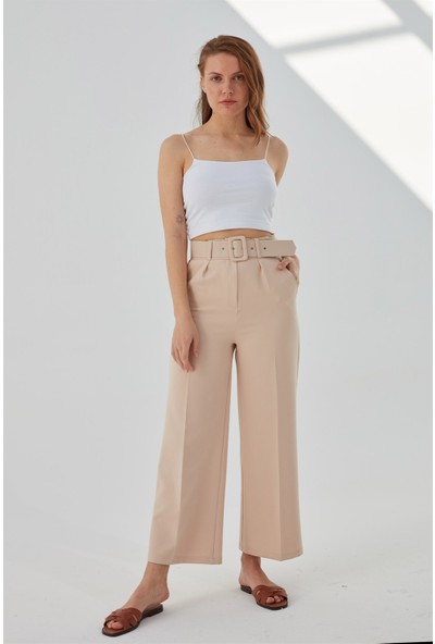 1DEN2YE Geniş Paça Kemerli Pantolon Bej