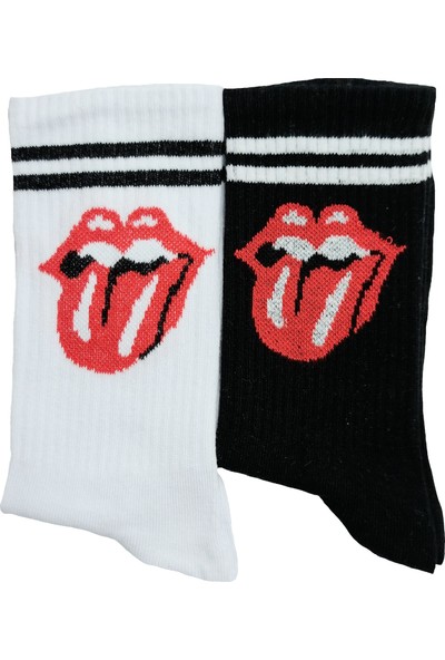 2'li Dil Çıkarma Desenli Siyah ve Beyaz Soket Çorap