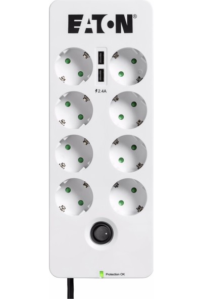 Eaton 8'li Akım Korumalı Priz ve 2 USB Girişi (8'li Schuko,Telefon ve TV Korumalı)