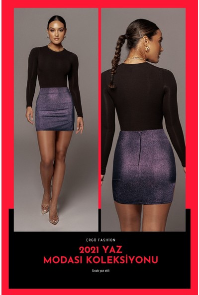 Ergü Mor Jakarlı Fermuar Detaylı Yüksek Bel Kadın Mini Etek ERGÜ1256-6