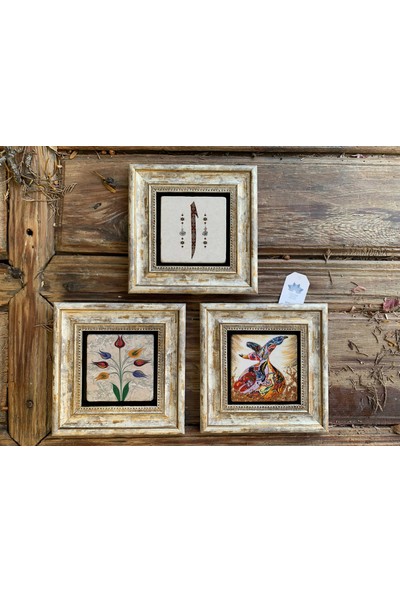 Oscar Stone Decor Çerçeveli Taş Duvar Dekoru 20 x 20 cm 3 Lü Set Ayetel Kürsi Vav ve Ebruli Çiçek