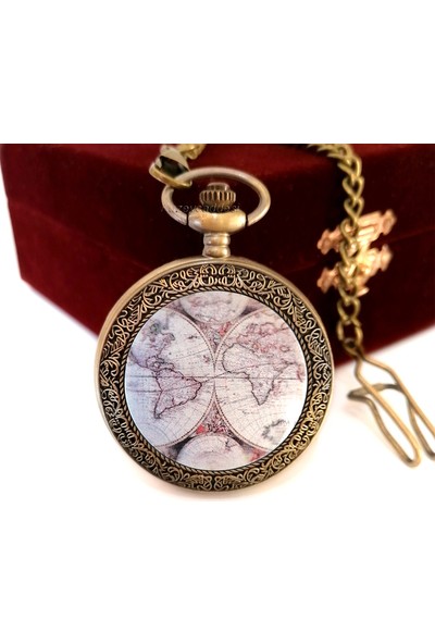 Denacci Eski Dünya Haritası Kapaklı Kişiye Özel Vintage Köstekli Cep Saati Özel Kutusunda Denacci Eski Dünya Haritası Kapaklı Kişiye Özel Vintage Köstekli Cep Saati Özel Kutusunda