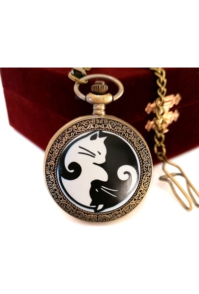 Denacci Yin Yang Kedi Kişiye Özel Vintage Köstekli Saat Cep Saati Özel Kutusunda