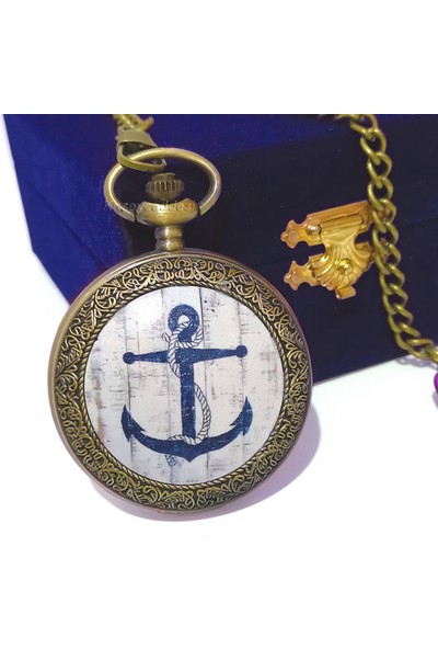 Denacci Gemi Çapası Kapaklı Kişiye Özel Vintage Köstekli Saat Cep Saati Özel Kutusunda