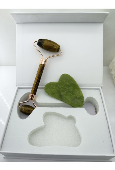 Osmanlı Doğal Taş Kaplan Gözü Masaj Taşı Roller ve Yeşim Taşı Gua Sha (Kalpli) Takım