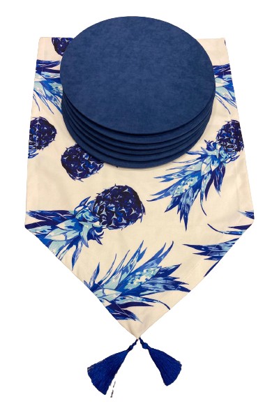 Tue Home Design Mavi Ananas Desen Runner Supla Takım