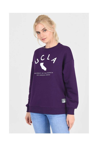 Alameda Mor Oversize Bisiklet Yaka Baskılı Kadın Sweatshirt