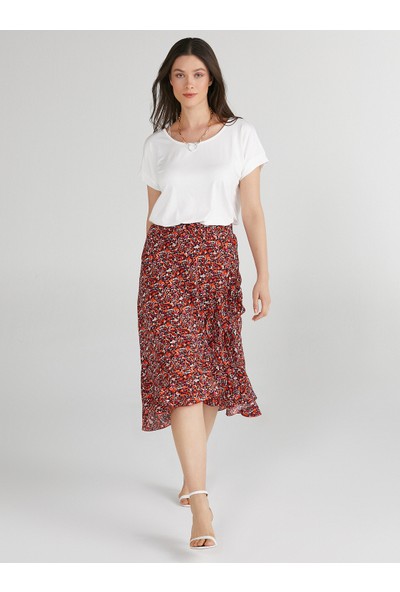 Faik Sönmez Çiçek Desenli Yırtmaçlı Fırfır Detaylı Etek 62281