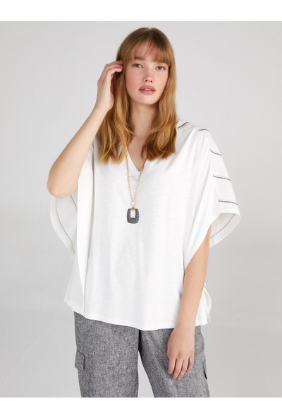 Faik Sönmez Sırtı Çizgili Dokuma V Yaka Bluz T-Shirt 62534