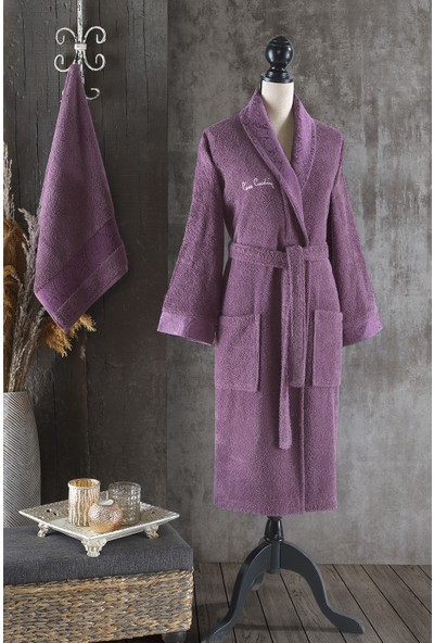 Pierre Cardin Damask Jakarlı Kadın Bornoz Seti Mürdüm