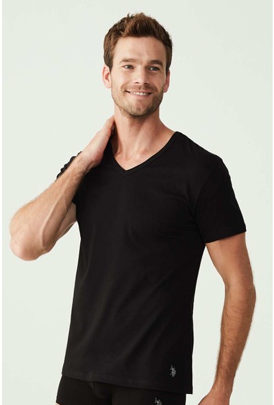 U.s. Polo Assn. Erkek Siyah 5 Li V Yaka Lyc. T-Shirt