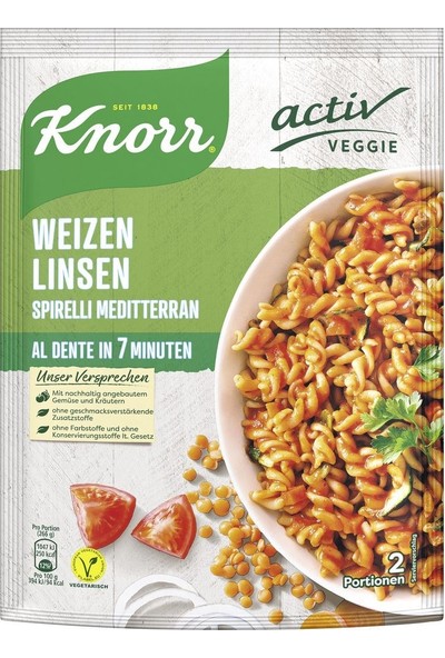 Knorr Activ Veggie Spirelli Mediterran Vegan Domates Mercimek Soslu Makarna 143 gr Knorr Activ Veggie Spirelli Mediterran Vegan Domates Mercimek Soslu Makarna 143 gr