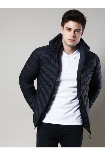 Colins Dar Kesim Kapüşonlu Şişme Siyah Erkek Mont