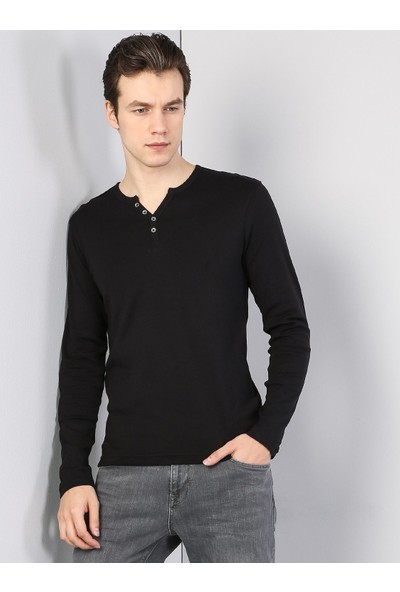 Colins Slim Fit Placket Neck Erkek Siyah Tshirt U.Kol Colins Slim Fit Placket Neck Erkek Siyah Tshirt U.Kol