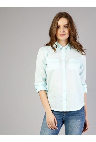 Colins Slim Fit Shirt Neck Kadın Mint Yeşili Uzun Kol Gömlek