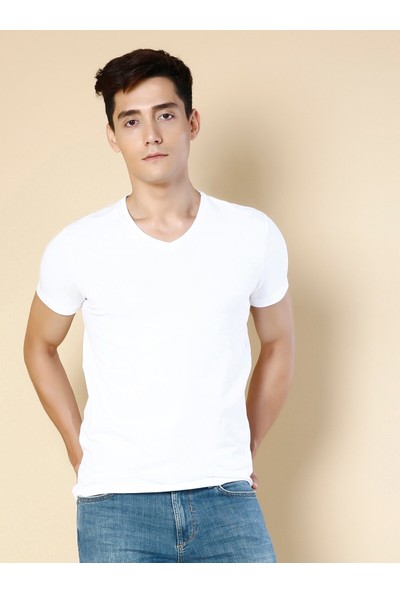 Colins Slim Fit V Yaka Erkek Beyaz Kısa Kol Tişört
