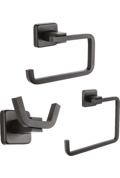 Ahlez Kare Mat Siyah Ikili Askılık + Kapaksız Kağıtlık + Yuvarlak Havluluk Banyo Seti Ahlez Kare Mat Siyah Ikili Askılık + Kapaksız Kağıtlık + Yuvarlak Havluluk Banyo Seti