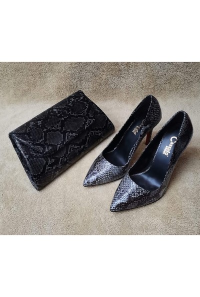 Cassido Shoes Yılan Baskılı Deri Çanta ve Topuklu Ayakkabı Takım