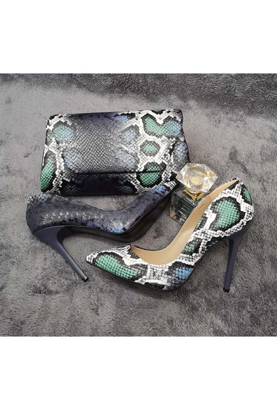 Cassido Shoes Yılan Baskılı Deri Çanta ve Topuklu Ayakkabı Mavi Yeşil Takım