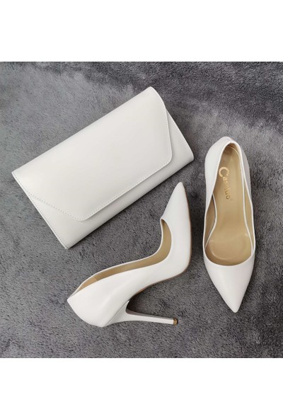 Cassido Shoes Beyaz Deri Çanta ve Topuklu Ayakkabı Takım