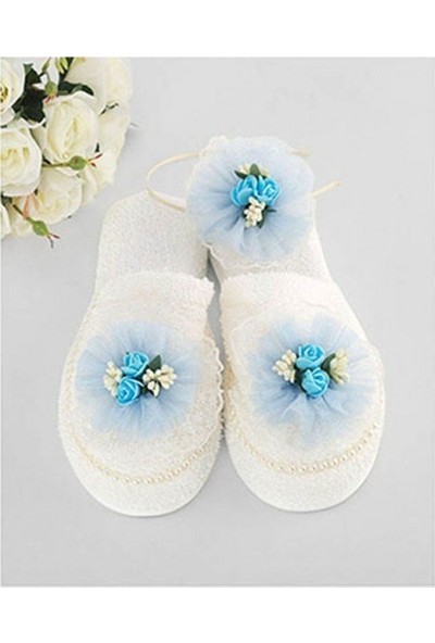 Azebu Mavi Çiçek Dantelli Lohusa Terlik Taç Seti