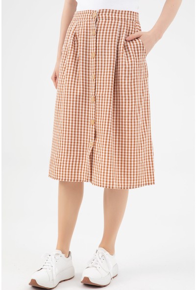 Trend Burada Ekose Düğmeli Etek %100 Viscose