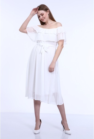 Ada Style Carmen Yaka Şifon, Hamile Elbise, Beyaz Ada Style Carmen Yaka Şifon, Hamile Elbise, Beyaz