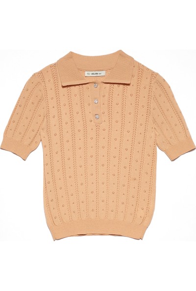 Dilvin 2633 Polo Yaka Düğmeli Kısa Kol Kazak-Şeftali Dilvin 2633 Polo Yaka Düğmeli Kısa Kol Kazak-Şeftali