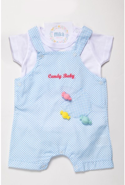 Mika Bebek Şeker Figürlü Kız Bebek Mavi Yazlık Salopet Takım