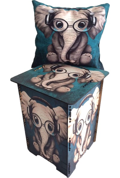 Pratik Dekor Dekoratif Puflu Tabure Gözlüklü Fil