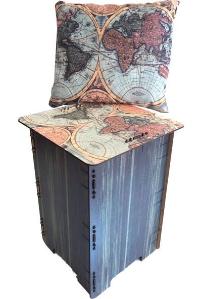 Pratik Dekor Dekoratif Puflu Tabure Harita Yeşil