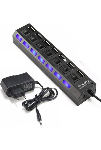 Wozlo 7 Port USB Hub Çoklayıcı Adaptörlü On / Off Anahtarlı Ledli
