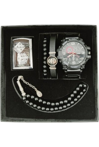 Timeist Erkek Saat Çakmak Tesbih 2 Bileklik Kombin Seti TT112