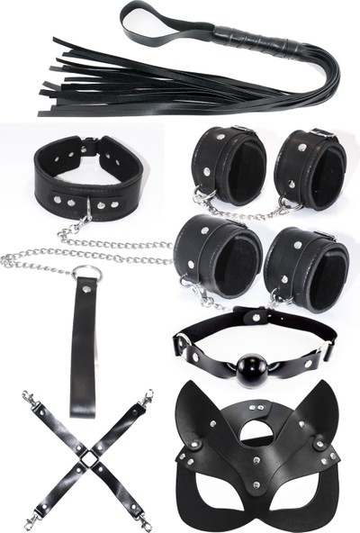 Vip Club Siyah Fantezi Kelepçe ve Kırbaçlı Fantezi Kedi Maskeli 7 Parça Fantezi Aksesuar Seti