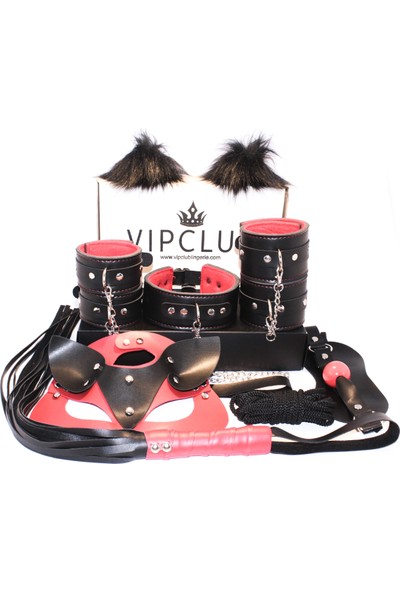 Vip Club 9 Parça Meme Ucu Kapatıcılı Fantezi Kelepçe Kırbaç Maskeli Fantezi Aksesuar Seti