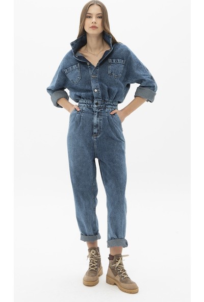 Female Project Kadın Açık Mavi Beli Lastikli Çift Cepli Jean Tulum