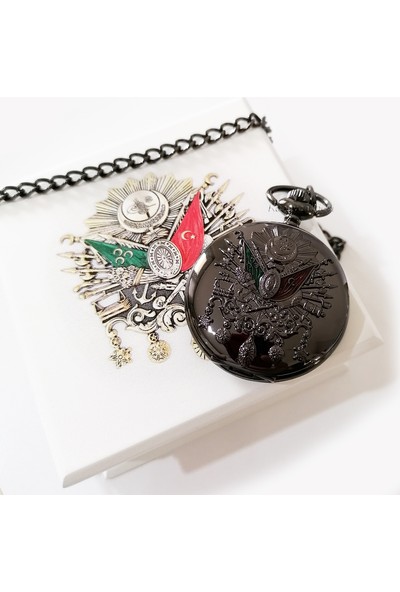 Kuzey Caddesi Kişiye Özel Osmanlı Arma Kapaklı Siyah Köstekli Saat Cep Saati Osmanlı Armalı Ahşap Kutulu