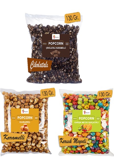Festiva 3 Paket Mix (Karışık) Set Patlamış Mısır / Popcorn - Karamelli + Çikolatalı + Karışık Meyve Parçacıklı + 130 gr Paketlerde Festiva 3 Paket Mix (Karışık) Set Patlamış Mısır / Popcorn - Karamelli + Çikolatalı + Karışık Meyve Parçacıklı + 130 gr Paketlerde
