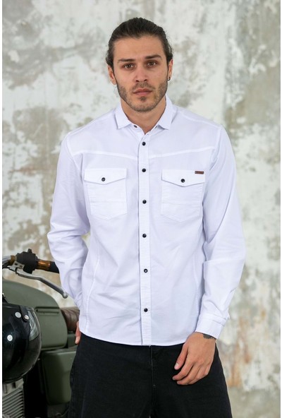 Bay Efendi Beyaz Erkek Cepli Likralı Kot Gömlek N6012