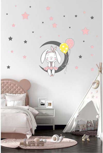 Bk Dekorasyon Sevimli Tavşan ve Ay Çocuk Odası Duvar Sticker