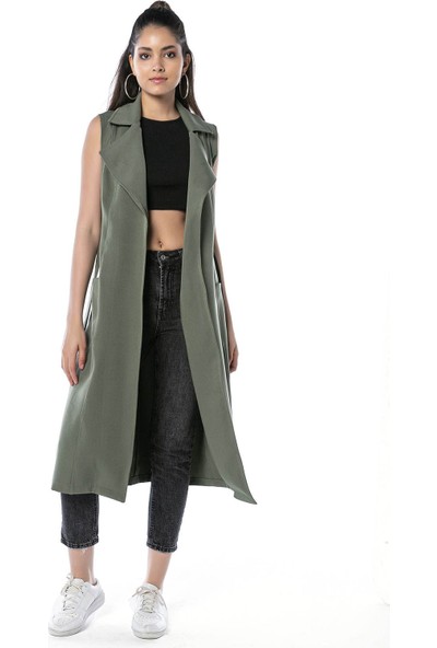 Disentis Modest Klasik Yaka Midi Boy Cepli ve Kuşaklı Haki Yelek