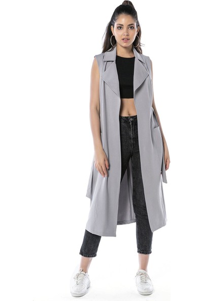 Disentis Modest Klasik Yaka Midi Boy Cepli ve Kuşaklı Gri Yelek